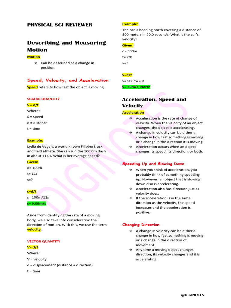 Diginotes Reviewer in Physical Sci | PDF | Velocity | Acceleration