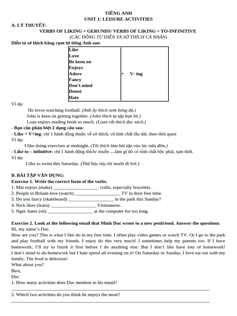 Unit 1. Leisure Activities | PDF