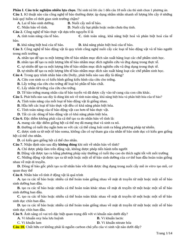 Đề Cương Sinh 10CB HKII - Azota | PDF