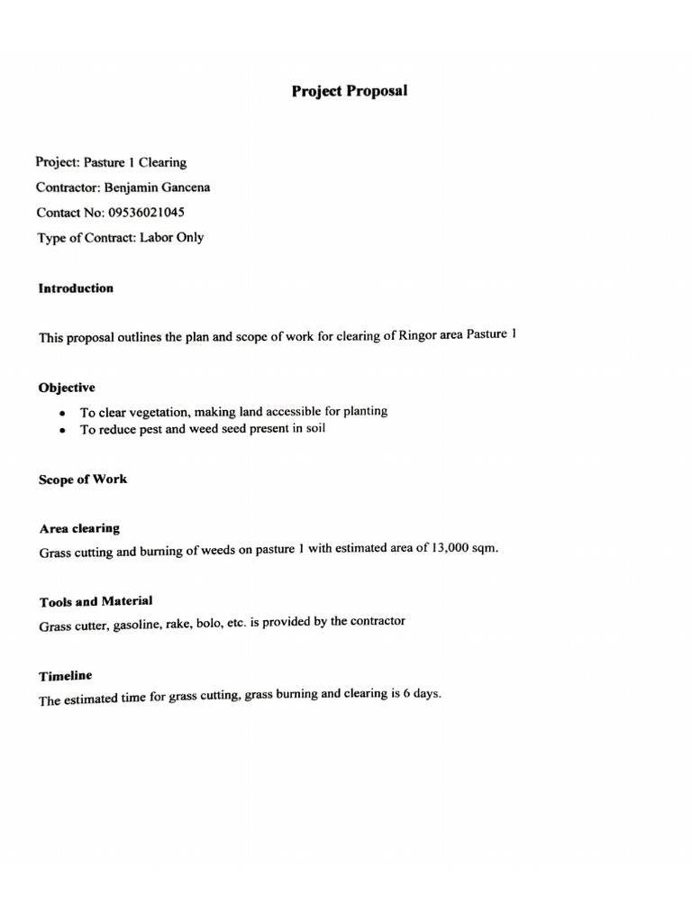 Project Proposal. Pasture 1 Clearing | PDF