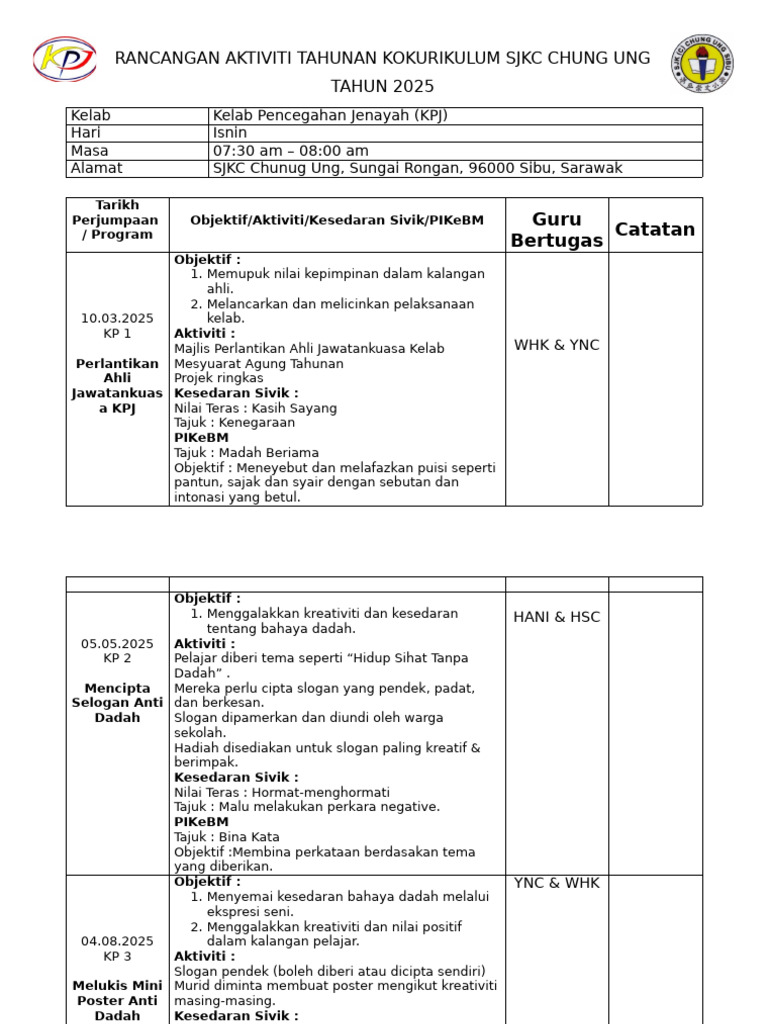 Rancangan Aktiviti Tahunan Kokurikulum SJKC Chung Ung | PDF