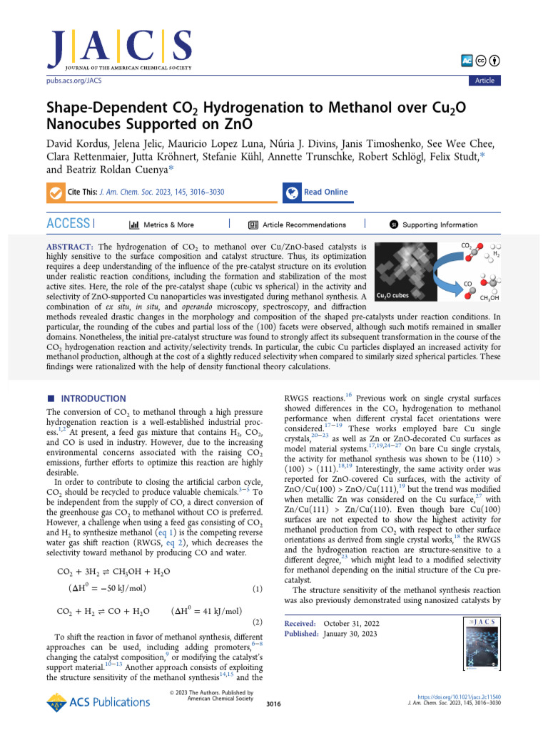Kordus Et Al 2023 Shape Dependent Co2 Hydrogenation To Methanol Over ...