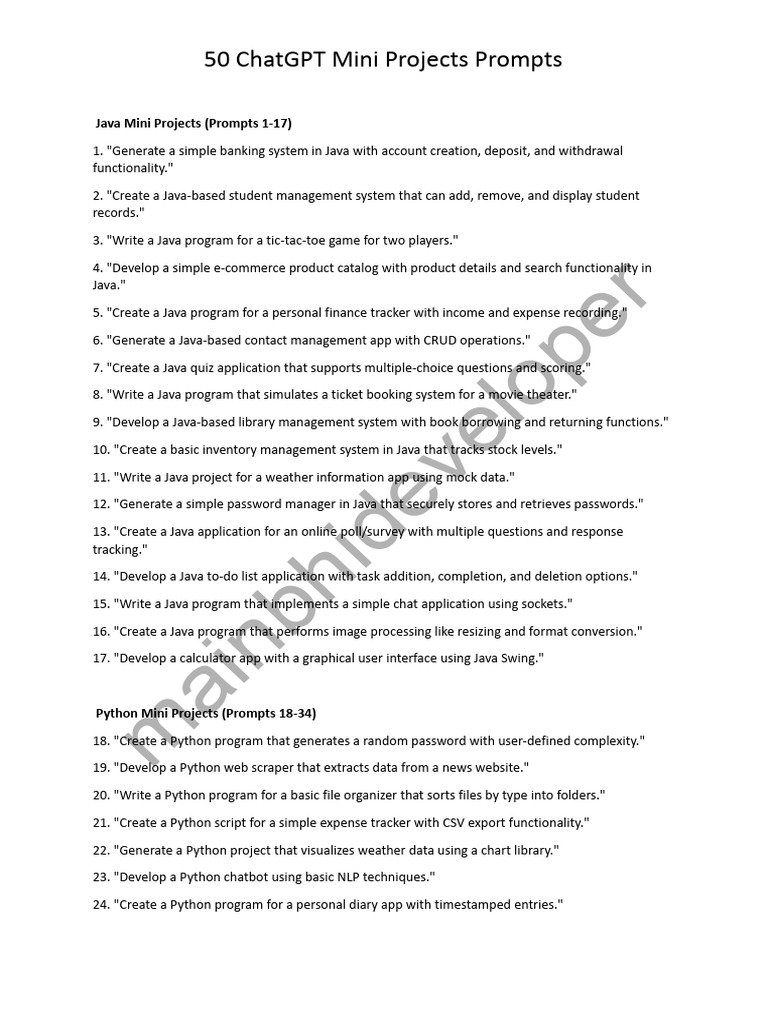 Copy of 50 ChatGPT prompts.docx | PDF | Java (Programming Language) | Mobile App