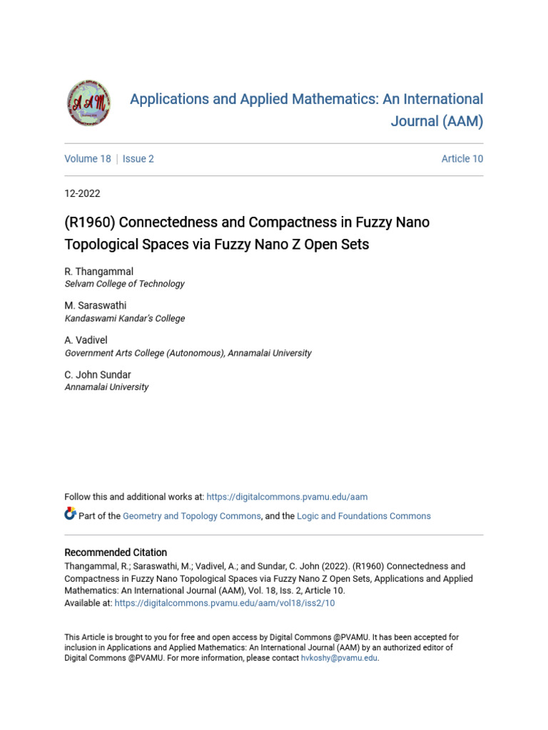 Connectedness and Compactness in Fuzzy Nano Topological Spaces | PDF | Mathematics | Topology