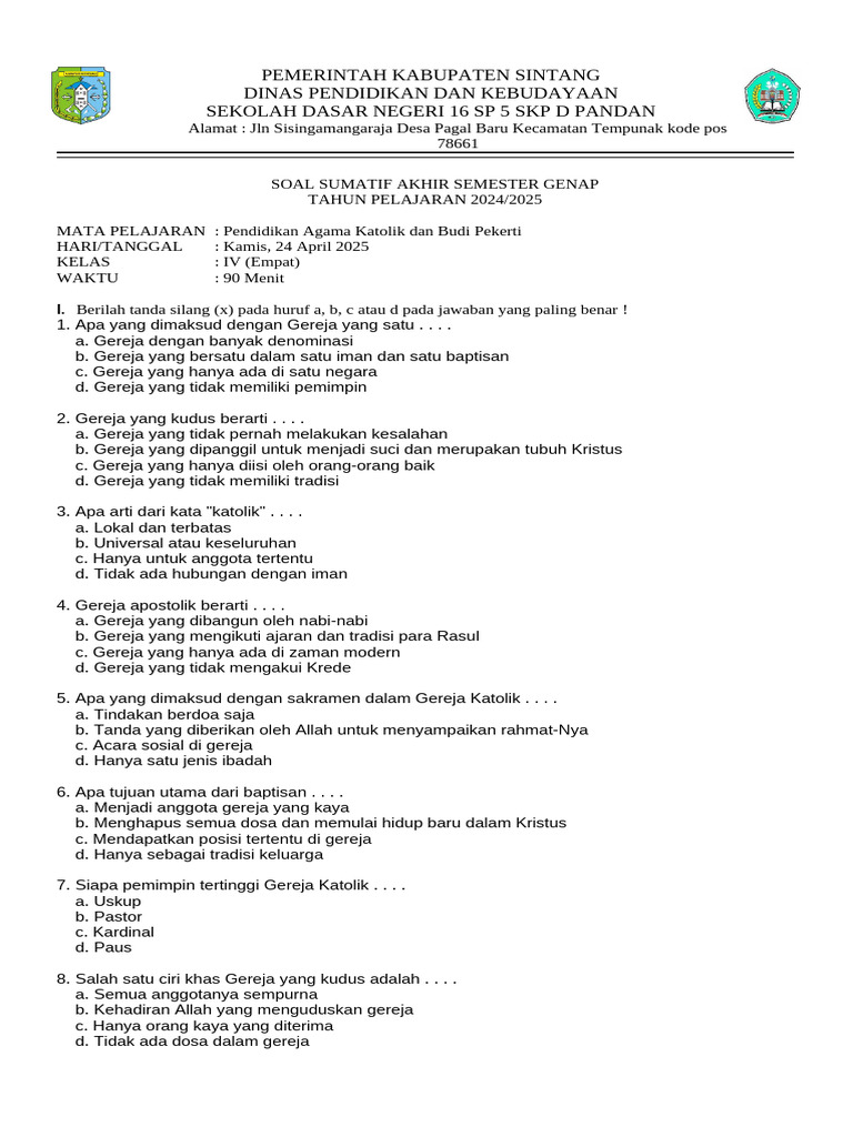 Soal Pas Katolik KLS 6 Semester 2 2025 | PDF