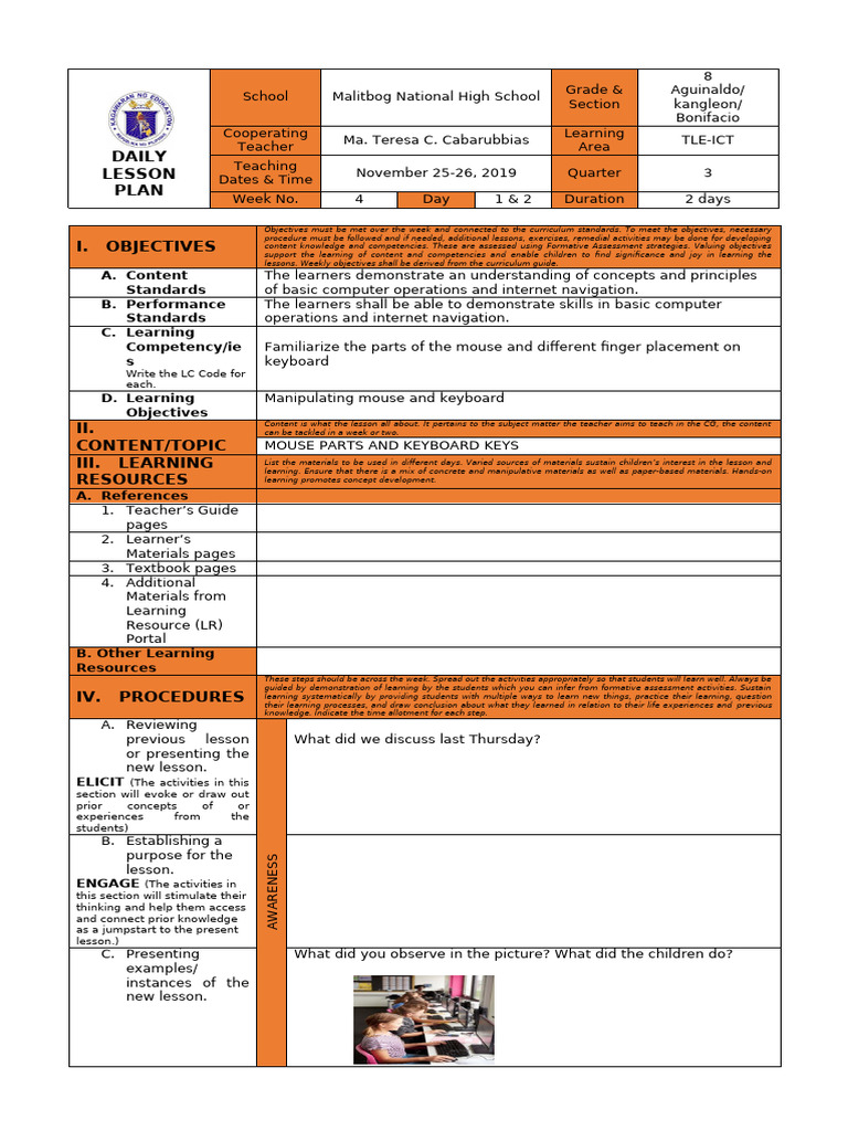 DAILY LESSON PLAN Mouse and Keyboard | PDF | Learning | Educational ...