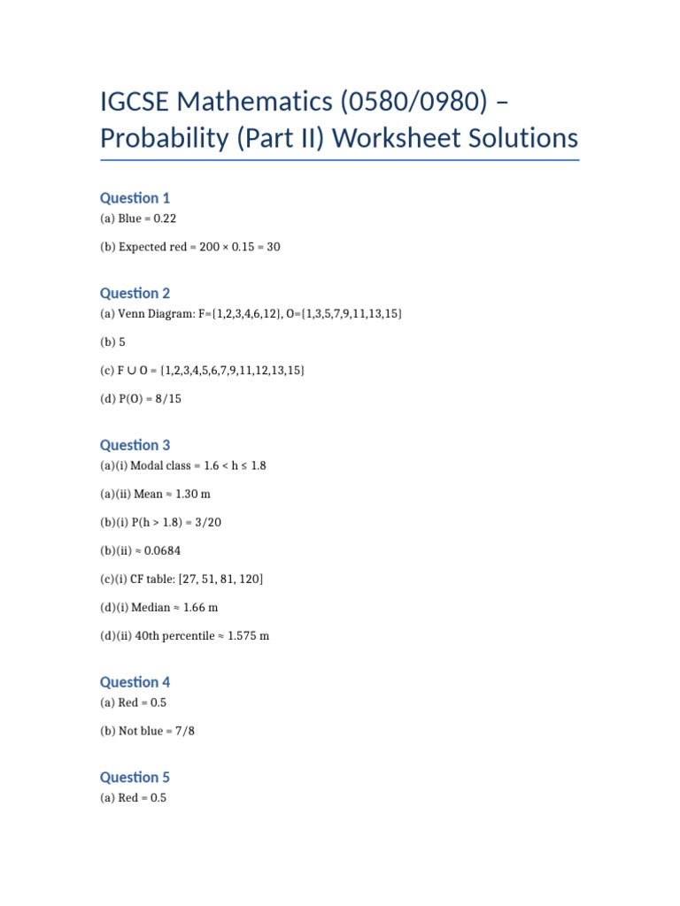 IGCSE Probability Part II Solutions | PDF