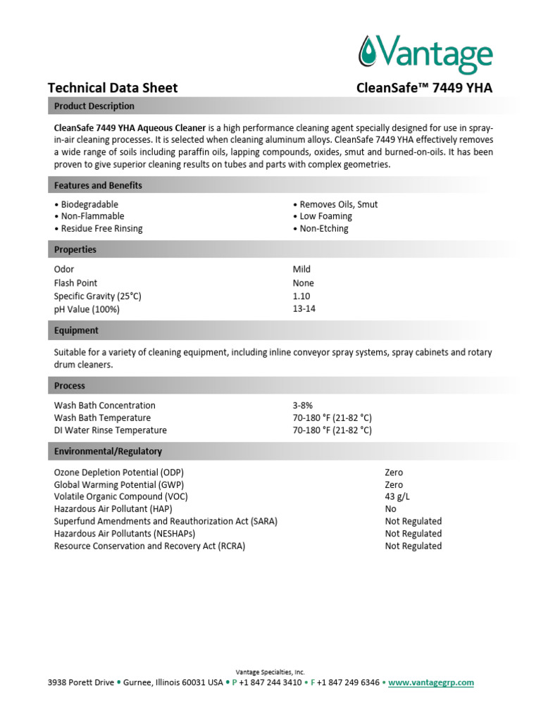 Vantage Cleansafe 7449 Yha Tds | PDF | Resource Conservation And Recovery Act | Pollution