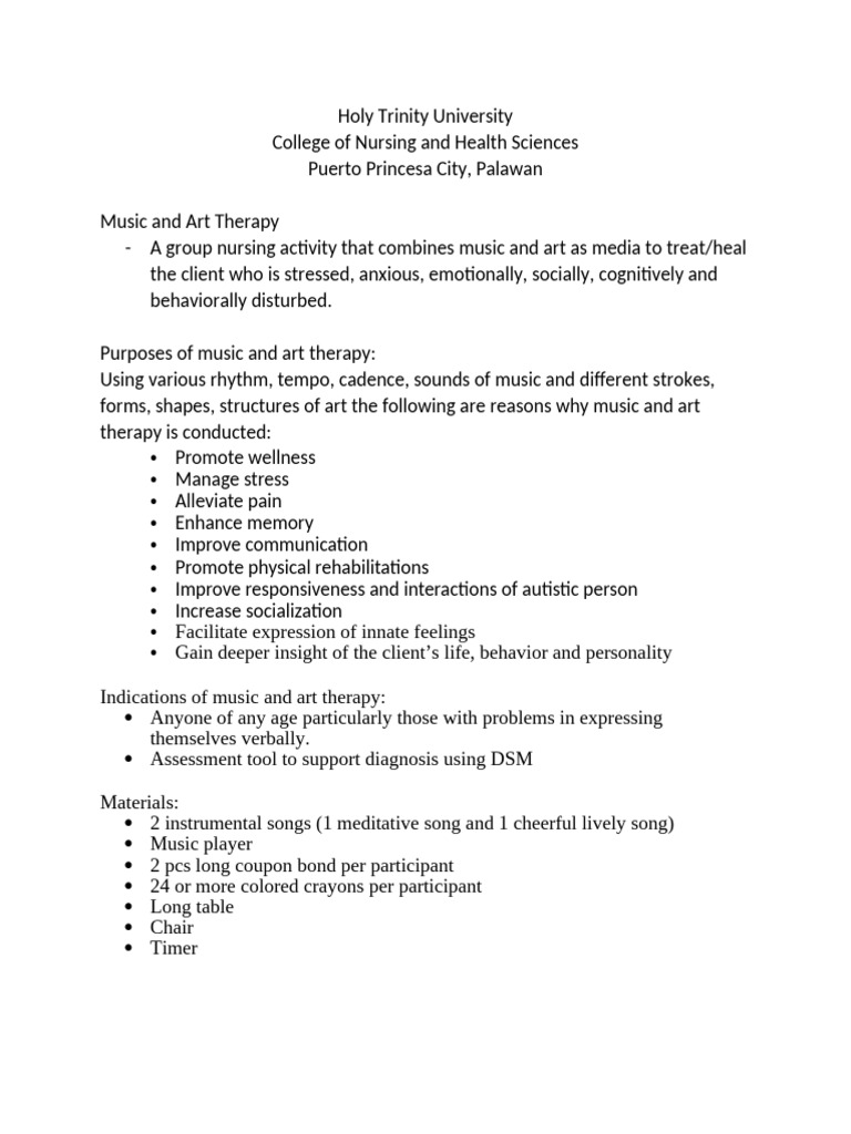 Music and Art Therapies Procedure Sad Checklist | PDF | Psychotherapy ...