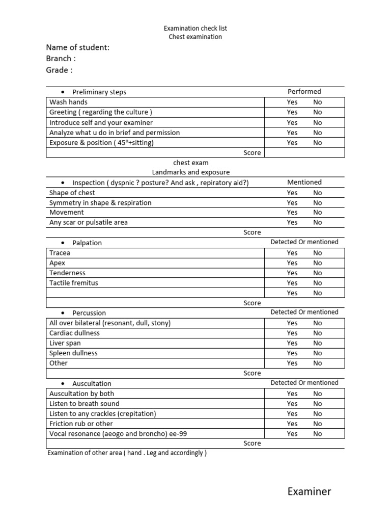 Chest Examination Checklist | PDF | Medical Diagnosis | Medical Specialties