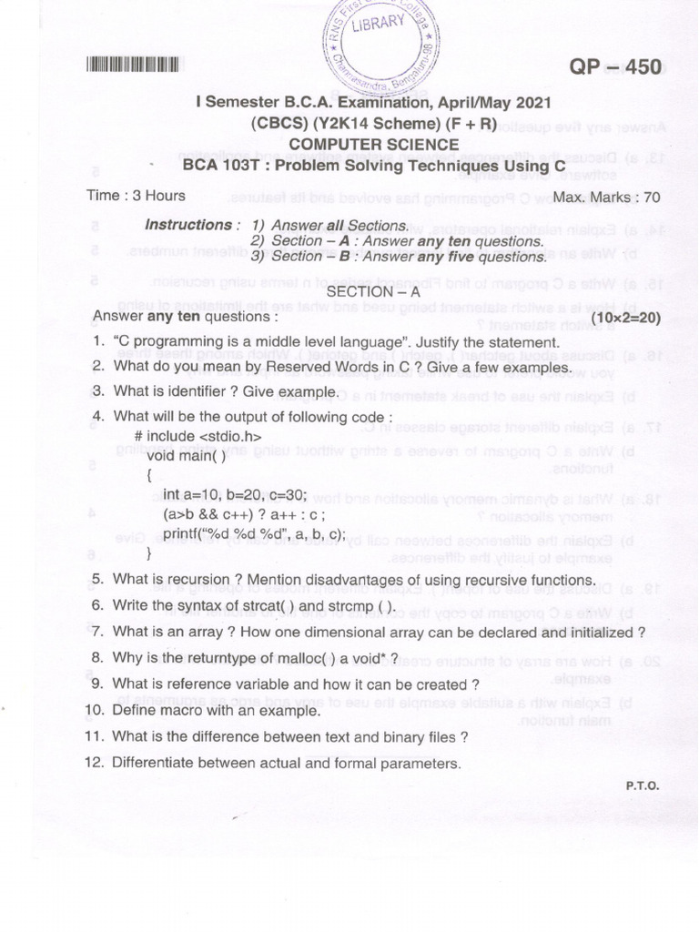 Problem Solving Techniques Using C | PDF