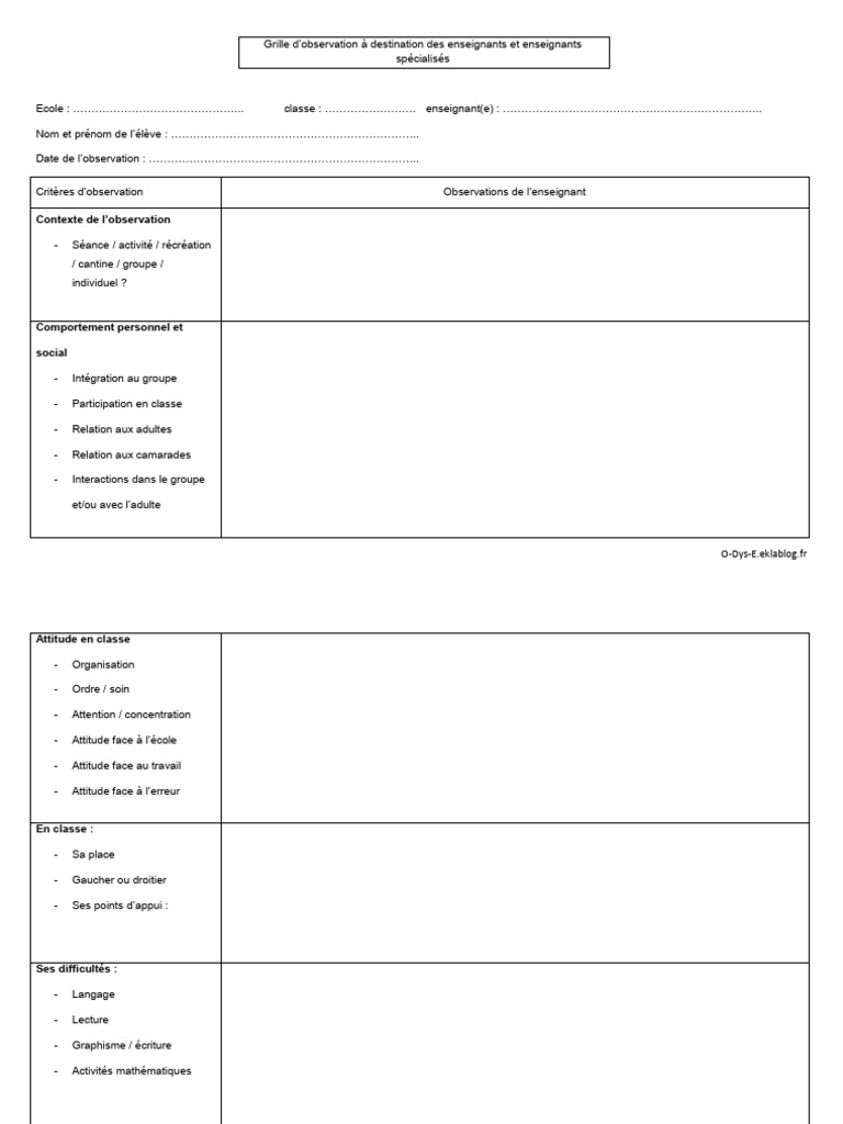 Grille d'Observation Élève en Classe | PDF | Mémoire