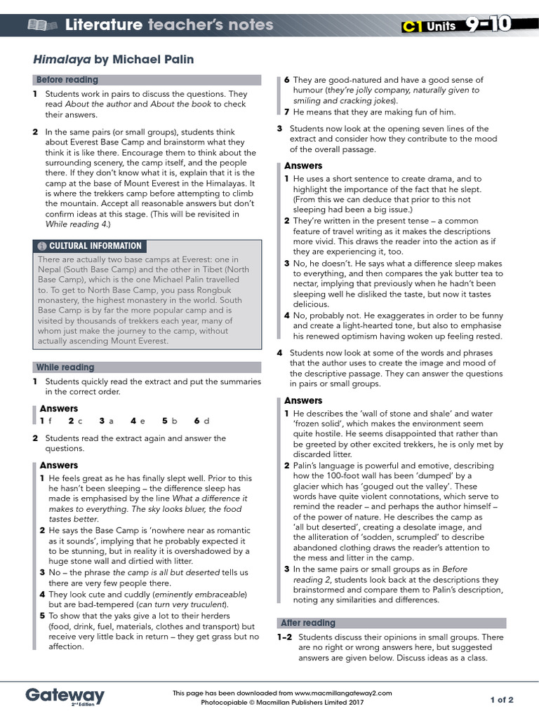 C1 UNITS 9 and 10 Literature Teacher's Notes | PDF