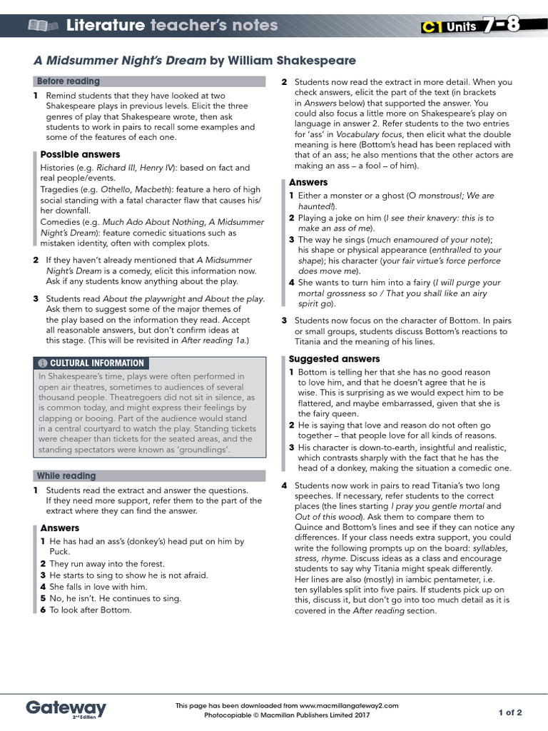 C1 UNITS 7 and 8 Literature Teacher's Notes | PDF