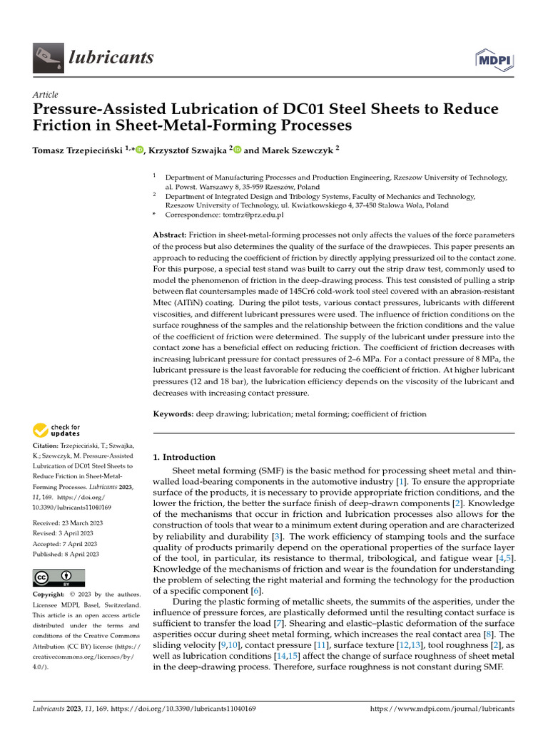 4. Pressure Assisted Lubrication of Dc01 Steel Sheets to Reduce ...