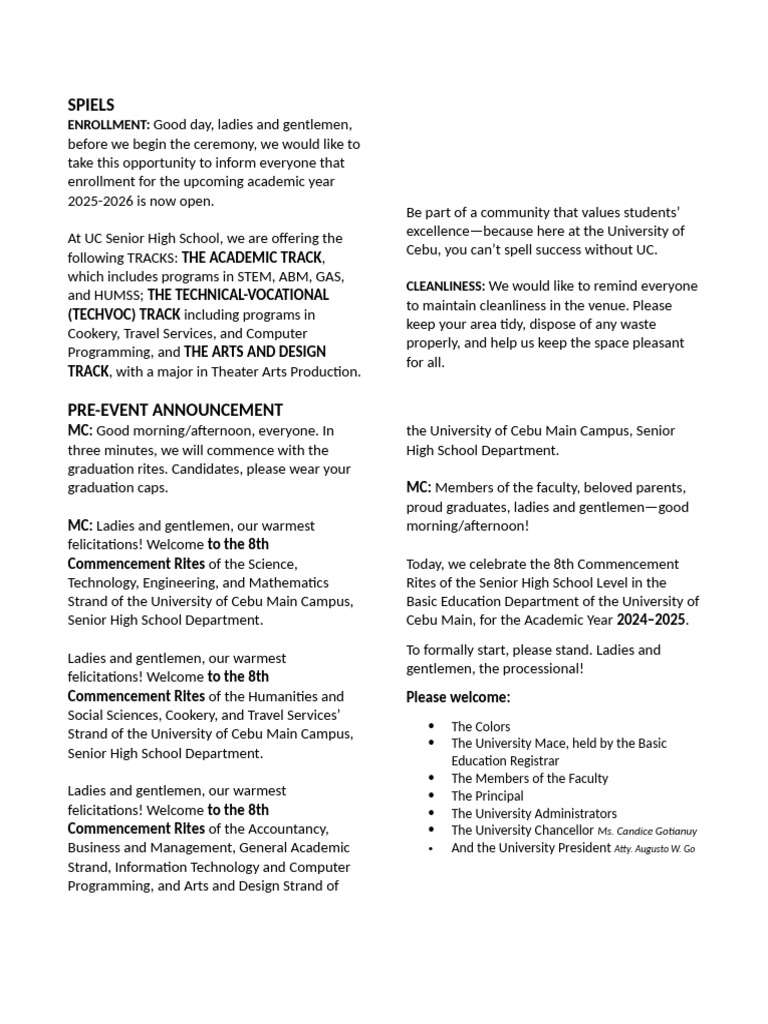 2025 Graduation Rites Script | PDF