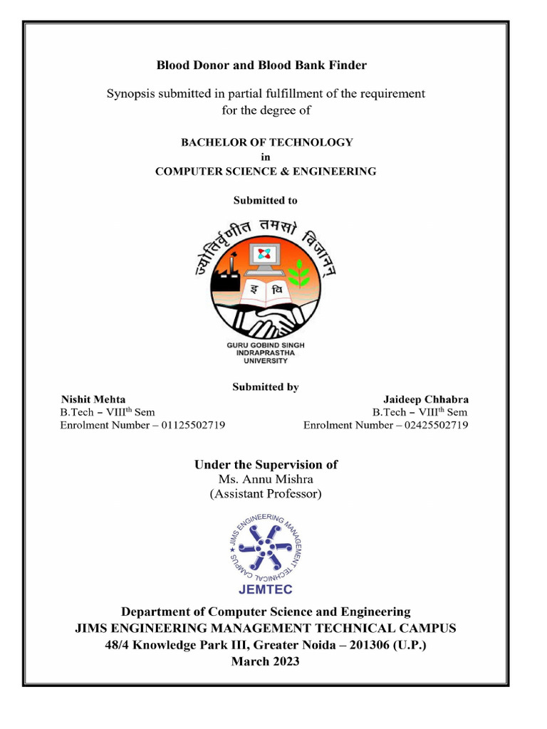 Synopsis - Blood Donor and Blood Bank Finder | PDF