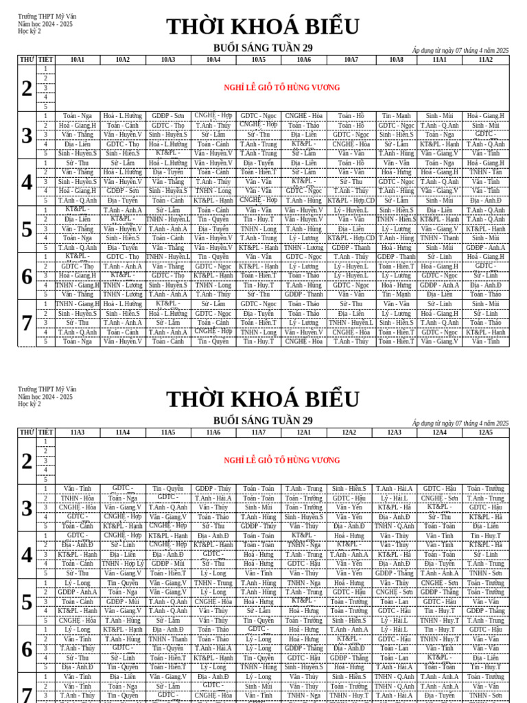 TKB HS TUẦN 29 | PDF