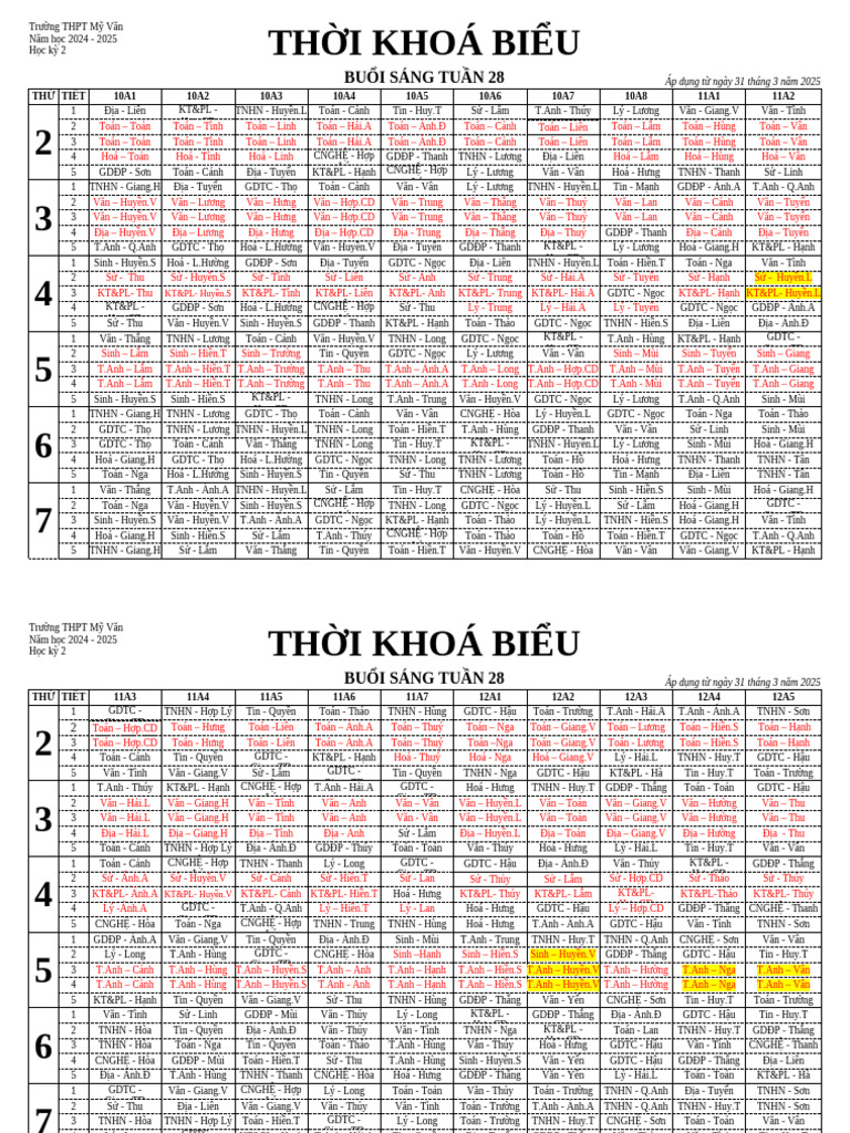 TKB HS TUẦN 28 | PDF