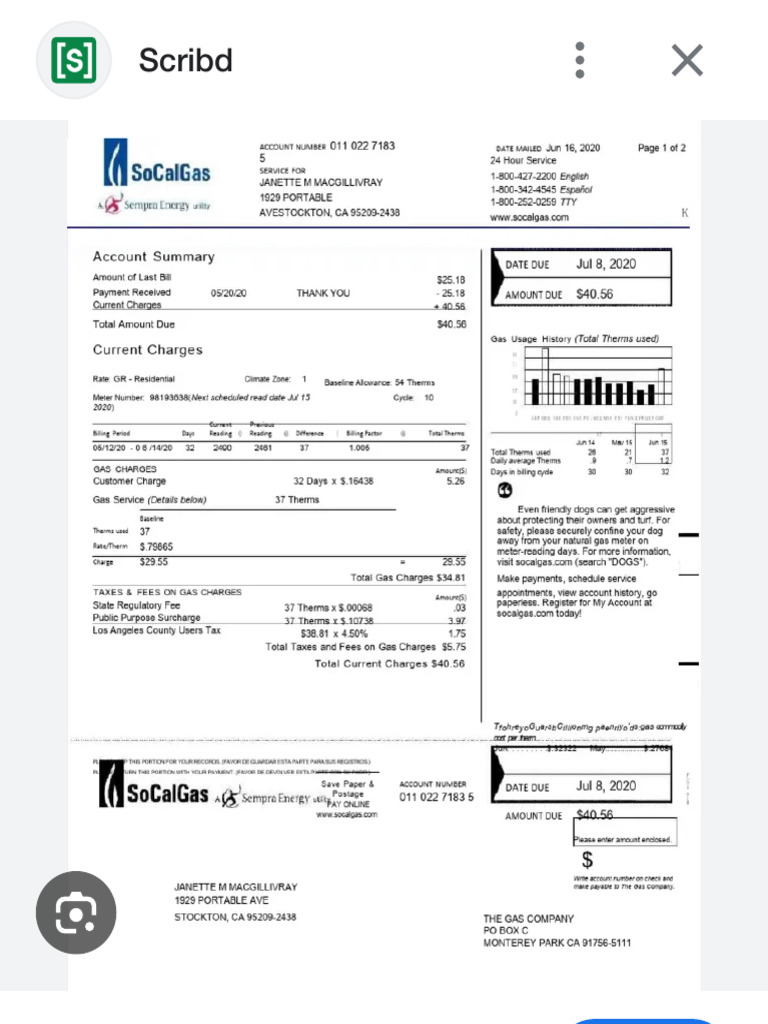 Scribd: PDF Socal Gas Bill California | PDF