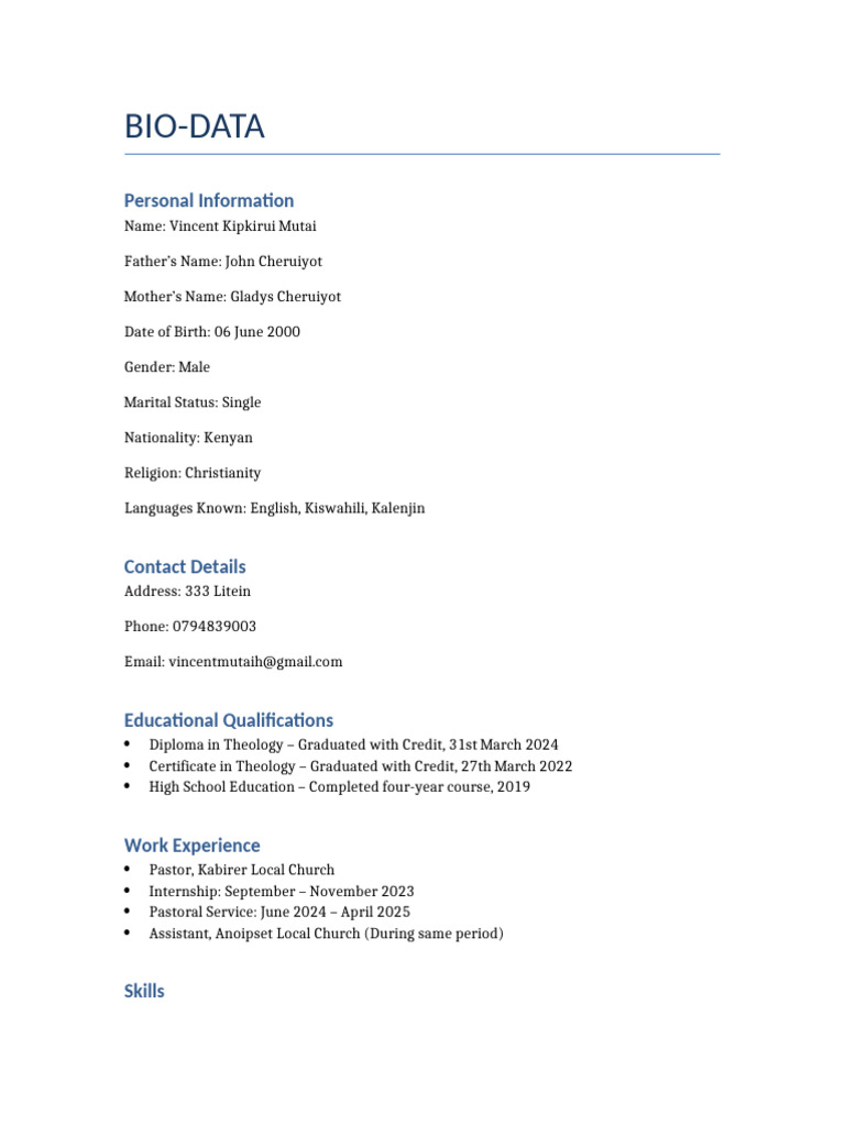 Vincent Kipkirui Mutai BioData | PDF