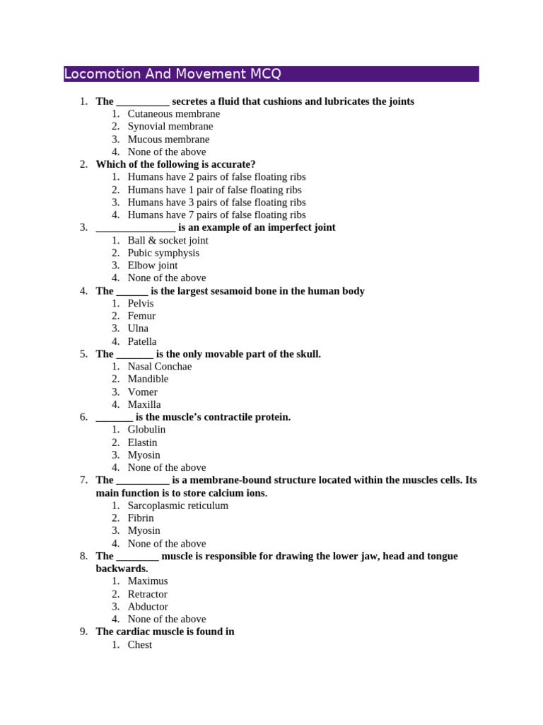 Locomotion and Movement MCQ | PDF