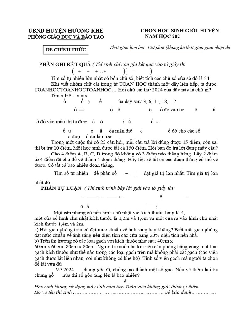 De Va HDC Toan 6 HSG Huyen Huong Khe 2023 2024 1c298 | PDF