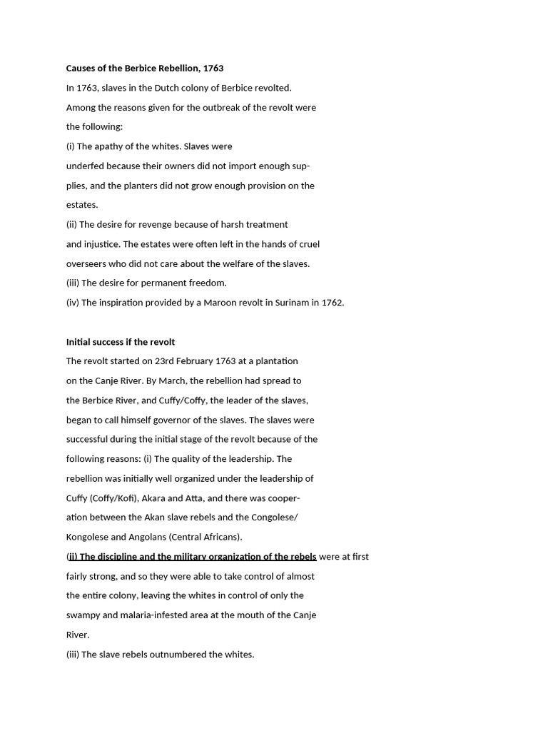 Causes of the 1763 Berbice Rebellion | PDF | Military Operations | 2nd ...