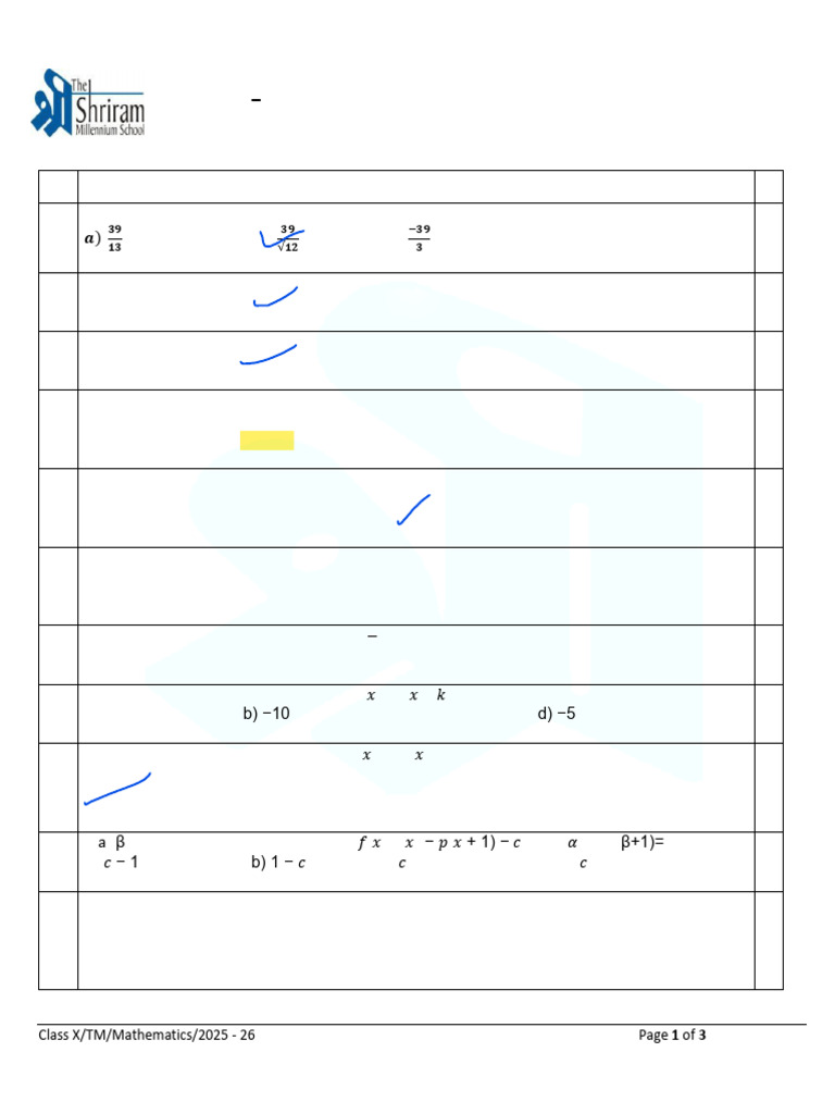 Sample QP g10 Maths Ct-1 2025-26 | PDF | Numbers | Polynomial