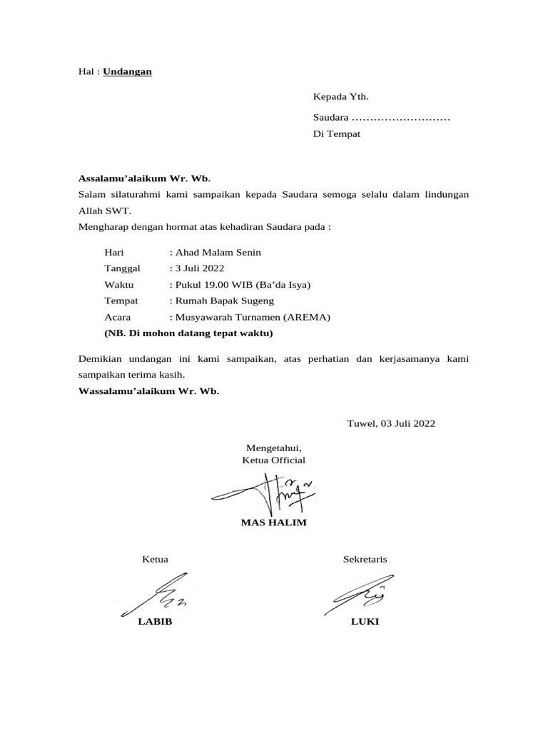 Undangan Musyawarah Turnamen AREMA | PDF