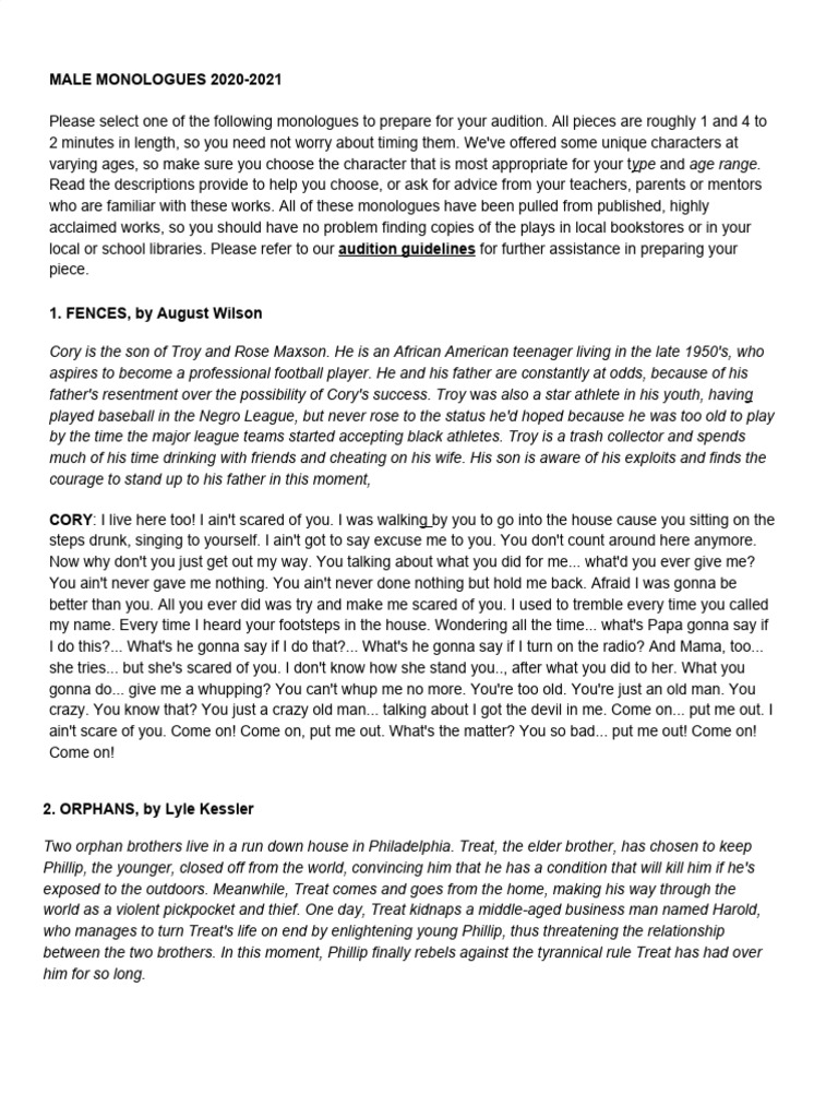 Male Audition Monologues 2020 2021 | PDF