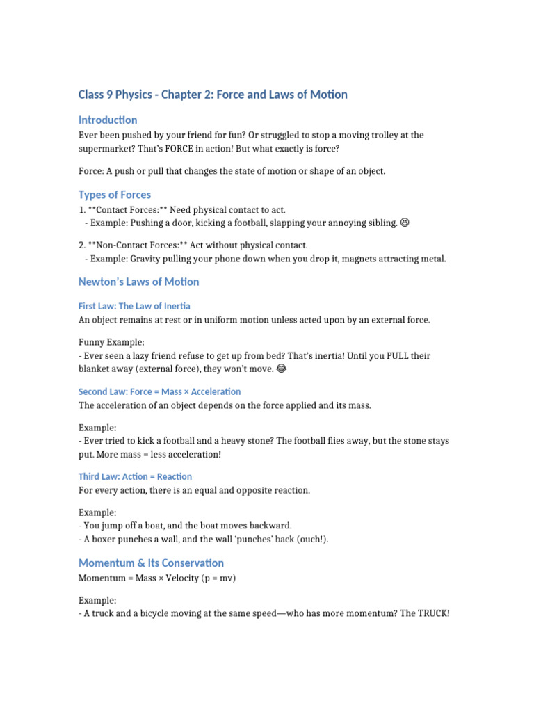 Class 9 Physics Chapter 2 Force and Laws of Motion | PDF