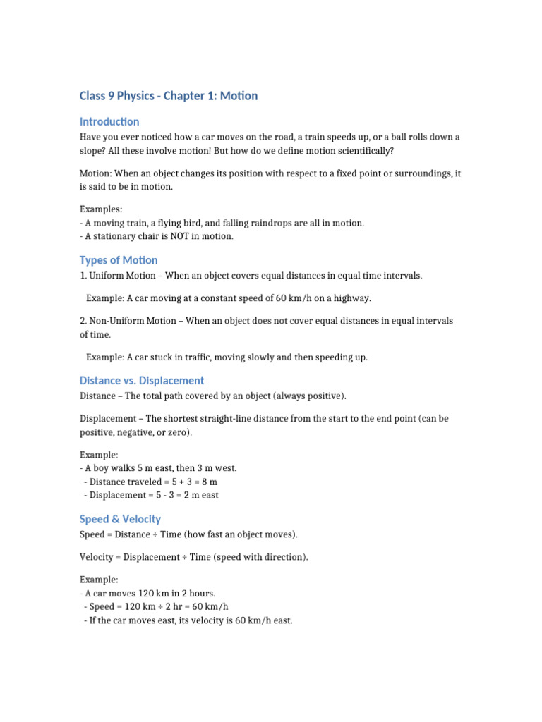Class 9 Physics Chapter 1 Motion | PDF