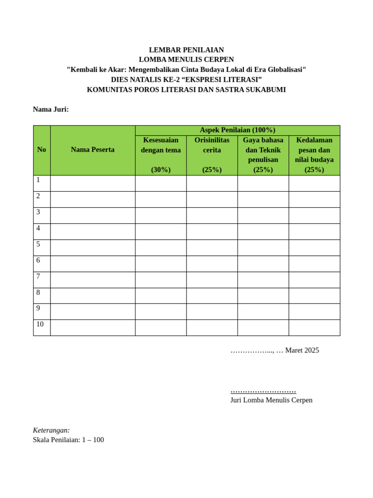 Lembar Penilaian Lomba Cerpen | PDF