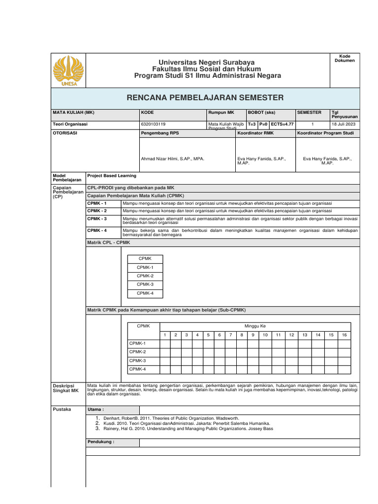 RPS Teori Organisasi | PDF