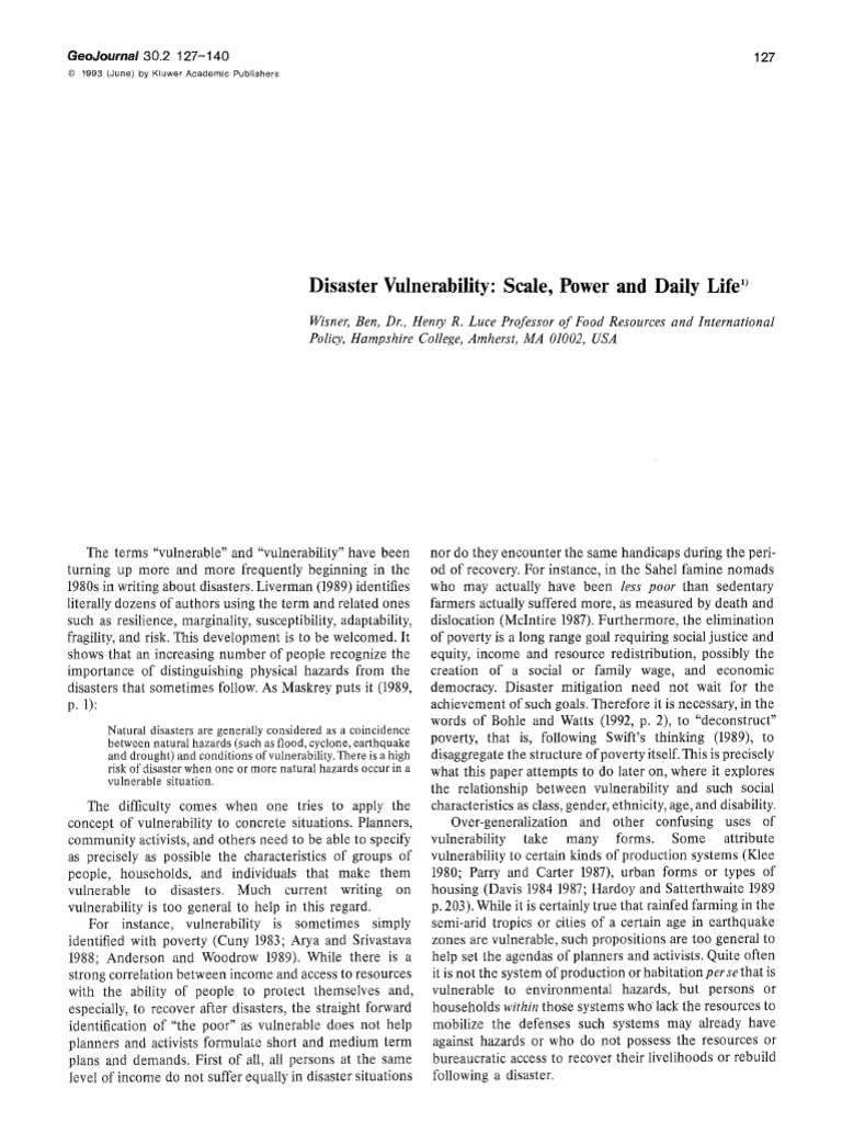 Wisner Vuln Scale Power Daily Life | PDF | Disability | Poverty