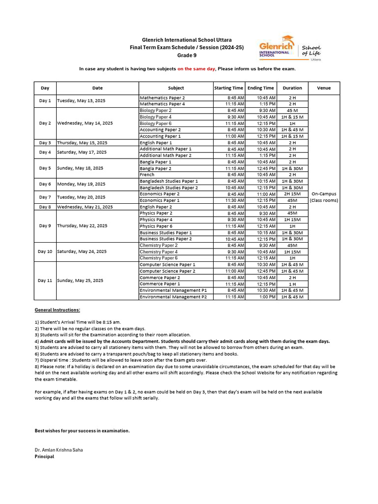 Grade 9 Final Term Exam Schedule | PDF | Qualifications | Educational Stages