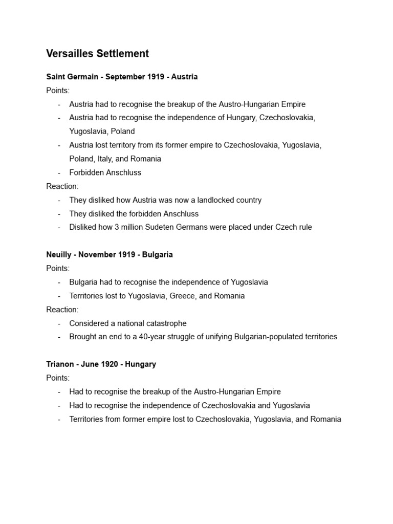 Versailles Settlement: Key Treaties Overview | PDF