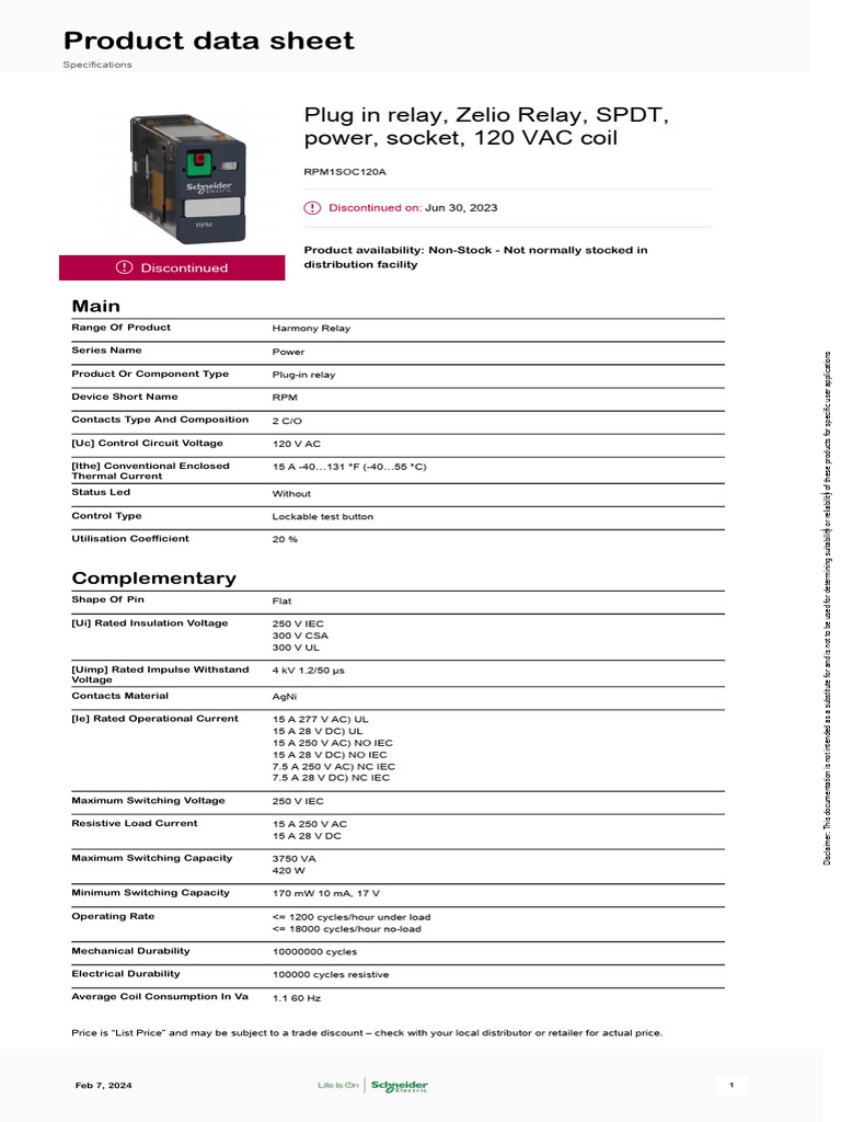 Schneider Electric - Harmony-Electromechanical-Relays - RPM1SOC120A ...