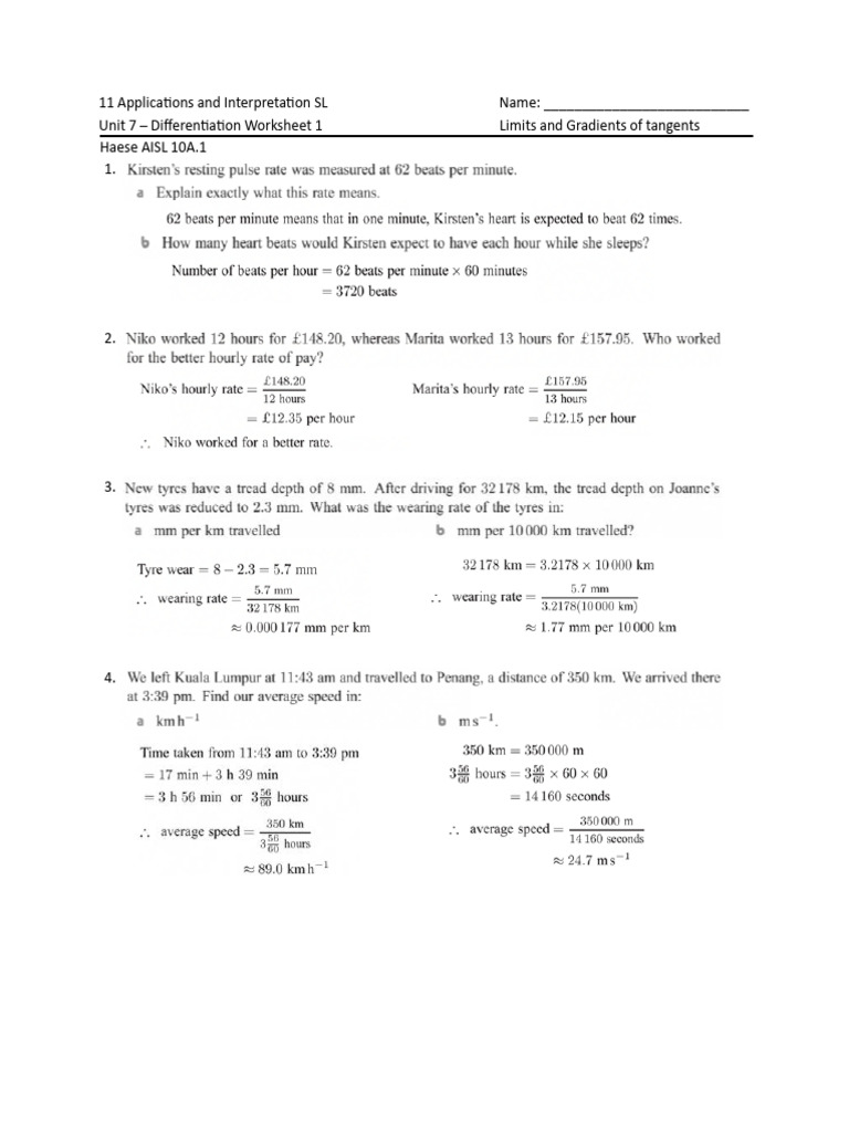 Differential Calculus-First Worksheet - KEY | PDF