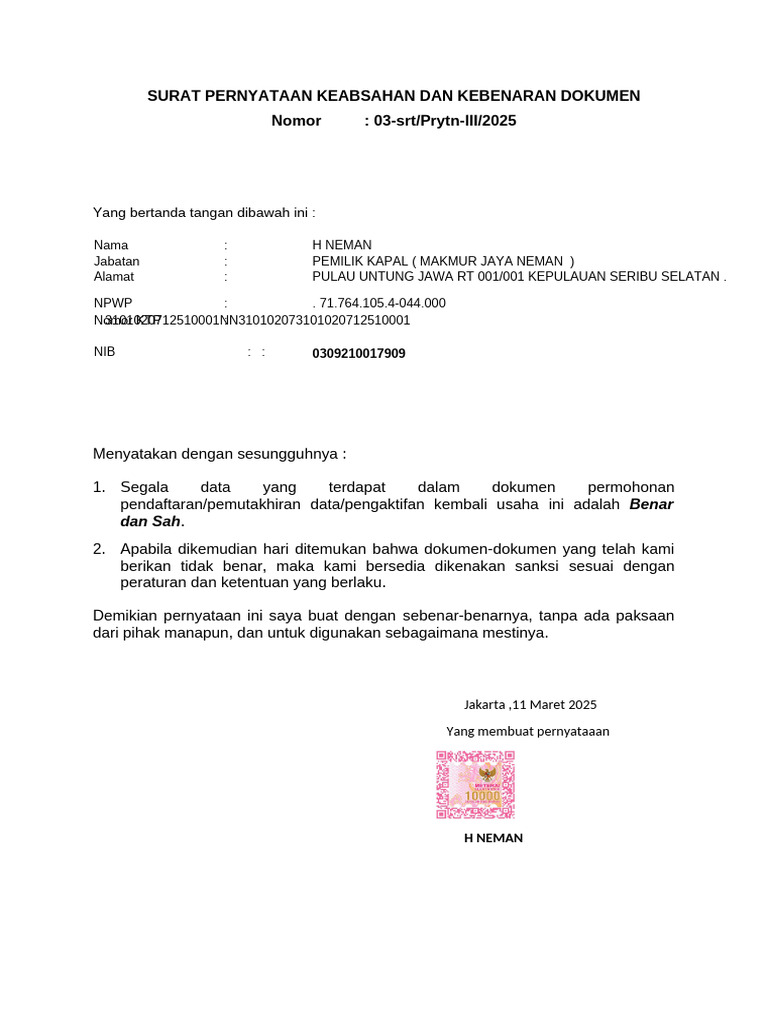 Surat Pernyataan Keabsahan Dan Kebenaran Dokumen Eka | PDF