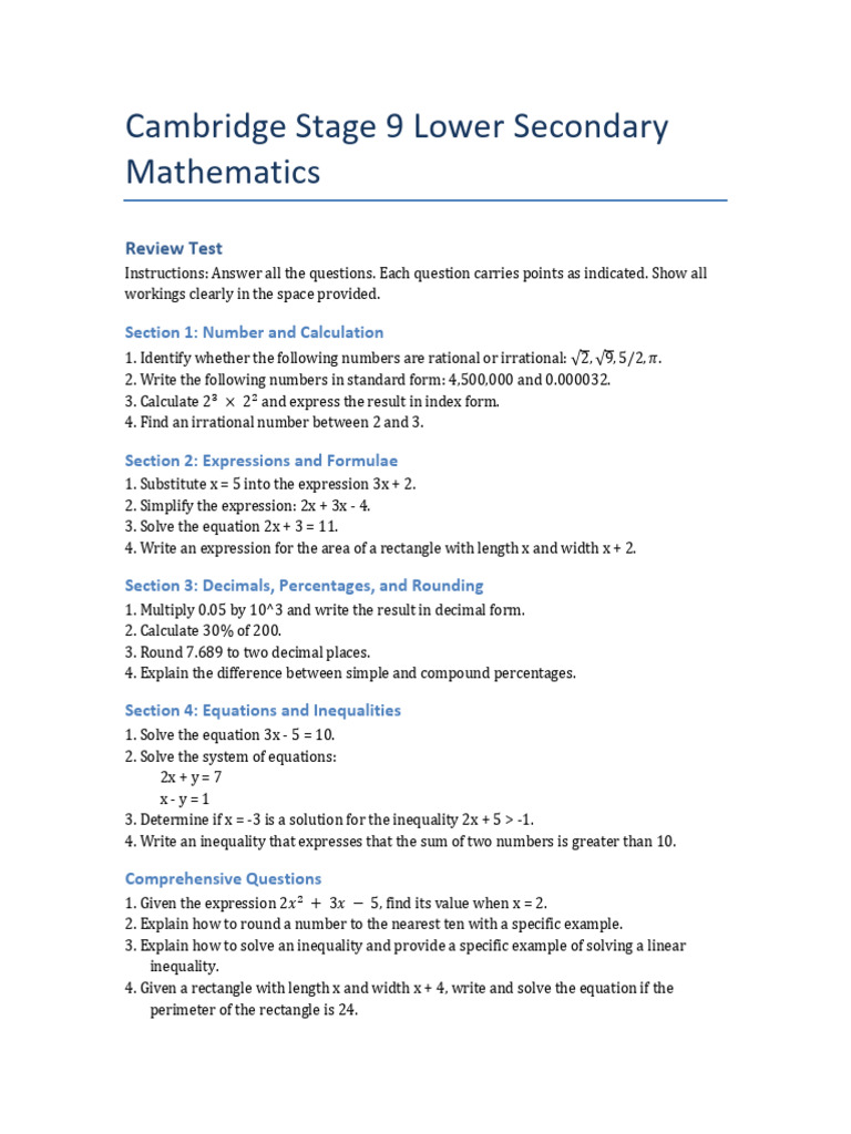 Cambridge Math Review Test | PDF