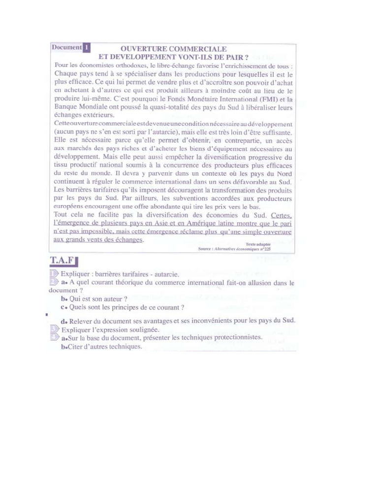 2 Bac Eco Exercice 1 Echanges Exterieurs | PDF