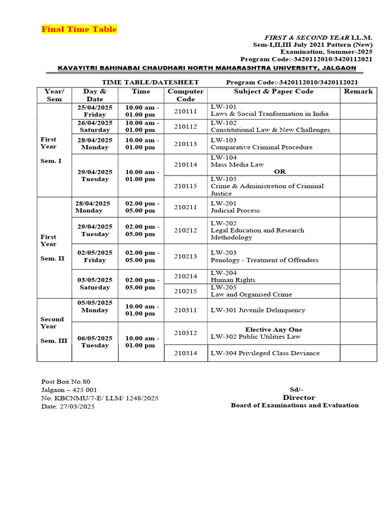 Final Time Table LLM Sem-I II III Exam 2025 | PDF | Crimes | Crime & Violence