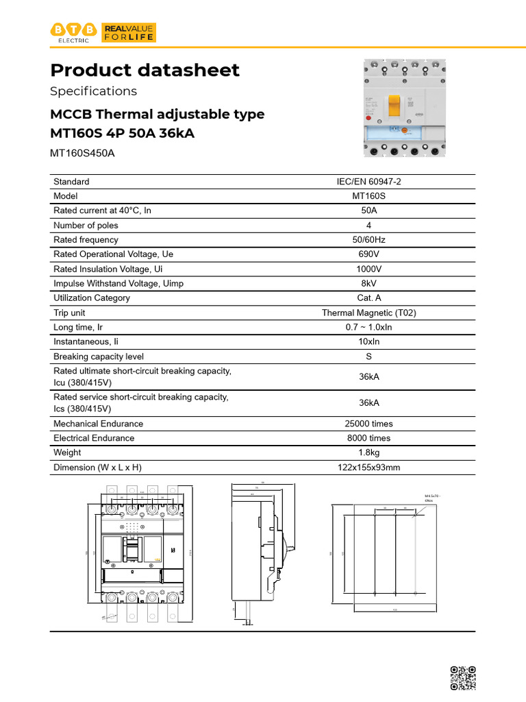 Product-datasheet-MCCB-MT160S450A | PDF | Power (Physics) | Electricity