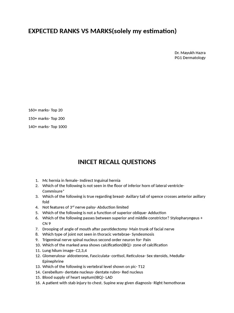 INICET Recall Questions 2025 Insights | PDF | Medical Specialties ...