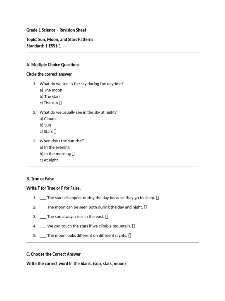 Grade 1 Science: Sun, Moon, Stars | PDF