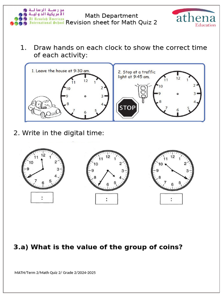 Gr2 Math Revision Worksheet Quiz 1semester 2 | PDF