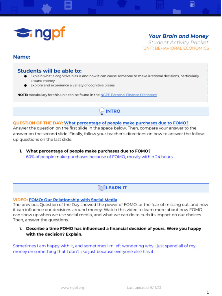 Your Brain and Money Student Activity Packet | PDF | Cognitive ...