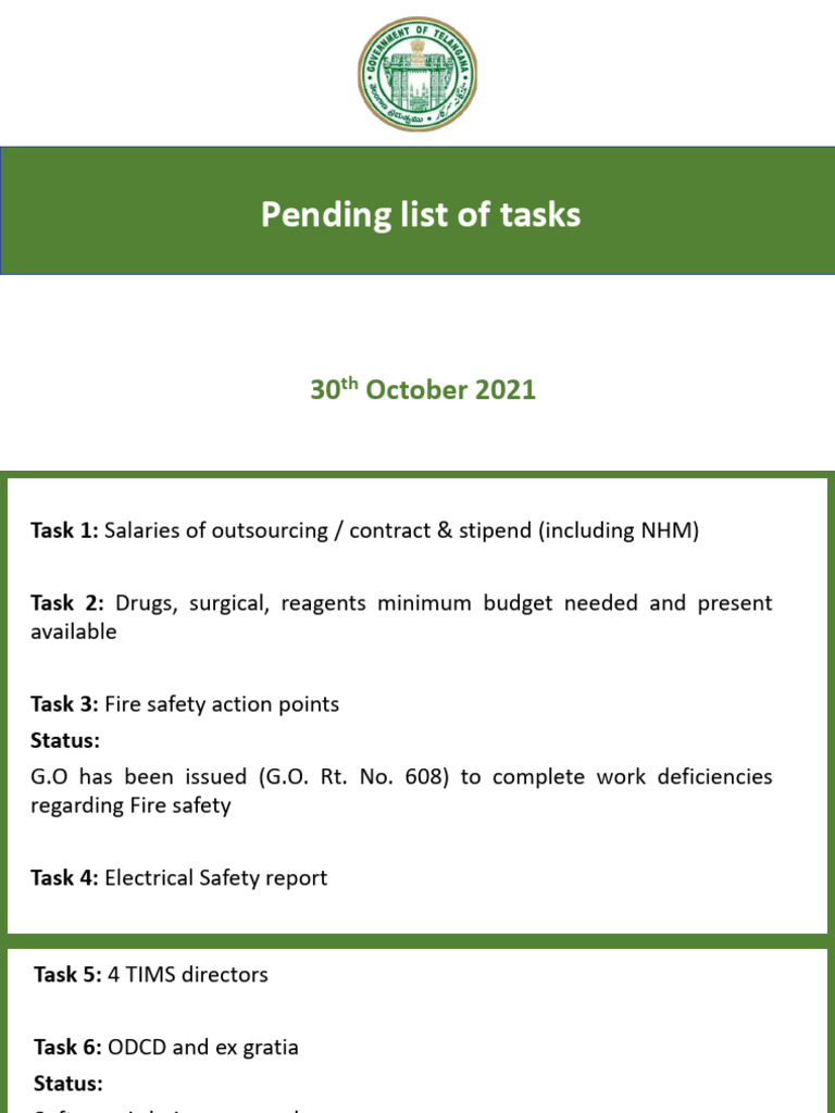 Pending List of Tasks as on 30.10.2021 | PDF